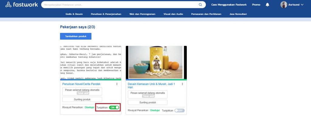 Cara Menyembunyikan atau Menunjukkan Produk Pekerjaan di Fastwork - Fastwork.id